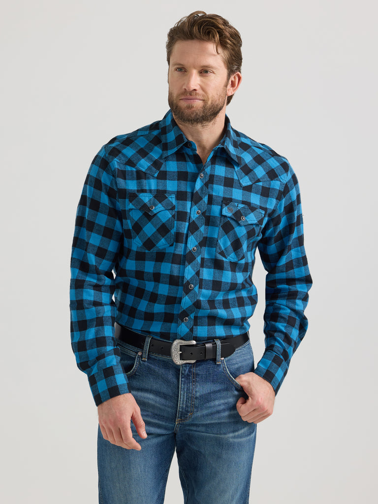 Wrangler Retro Blue & Black Plaid Flannel Snap Western Shirt for Men ...