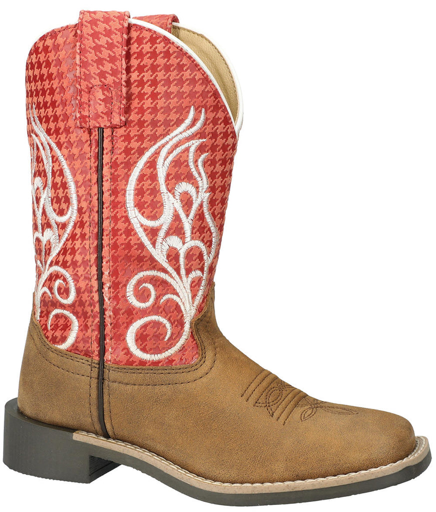 Kid's Rodeo Brown Distress/Rust Leather Western Boot with White Embroi ...