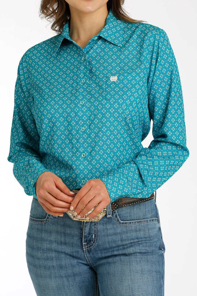 Women's Teal/Cream Geometric Print Button-Down ArenaFlex Cinch Blouse ...