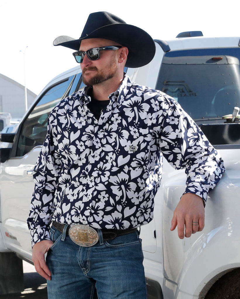 Cinch Boys Navy/White Hibiscus Print Button-Down Shirt – Pard's Western ...