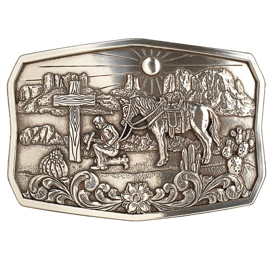 Nocona Antique Silver Praying Cowboy Desert Scene Rectangle Buckle ...